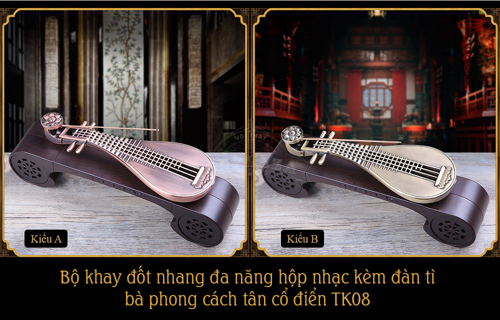 Bộ khay đốt nhang đa năng hộp nhạc kèm đàn tì bà tân cổ điển